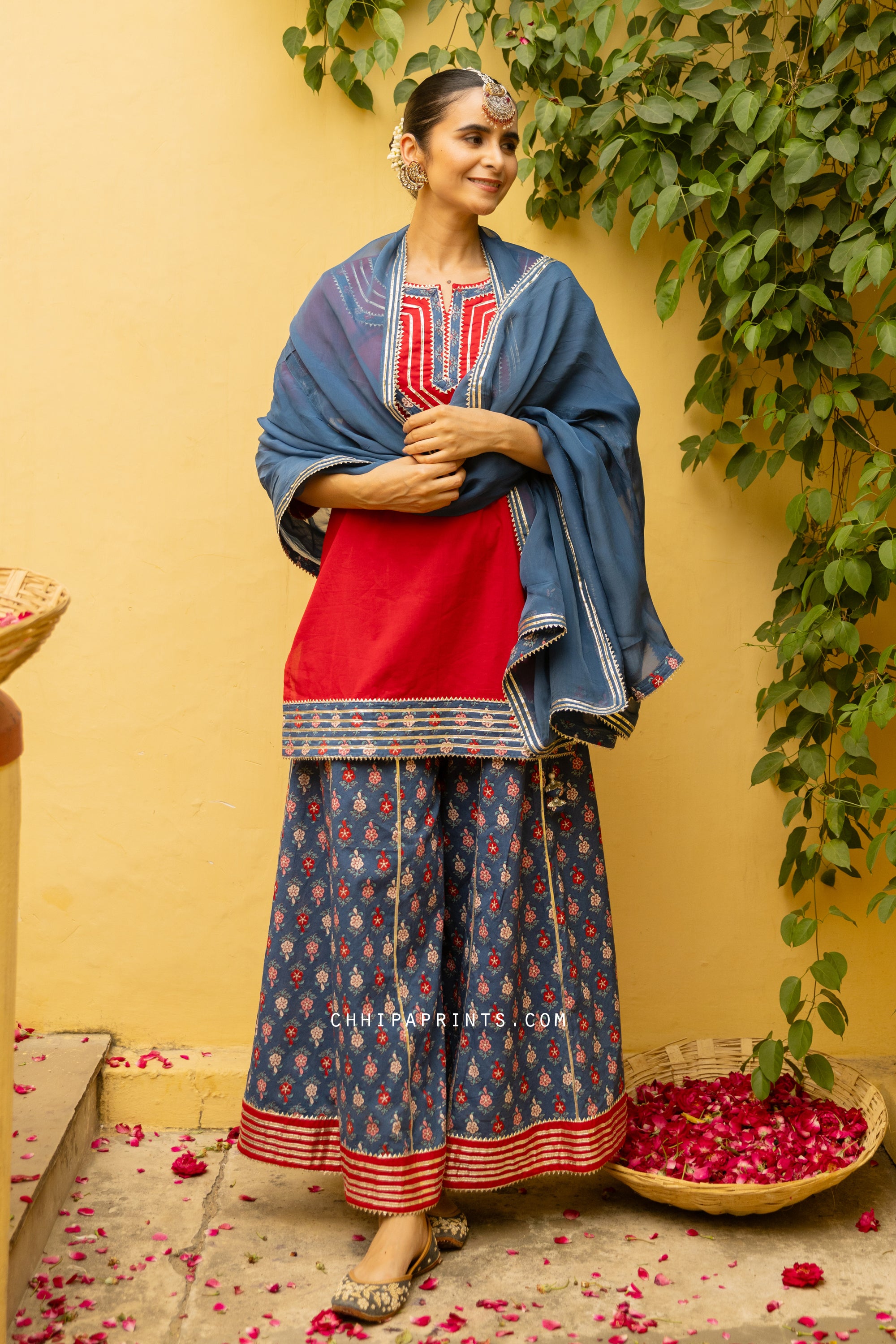 COTTON GOTA BAND BUTI PRINT SHARARA SET IN RED – ChhipaPrints