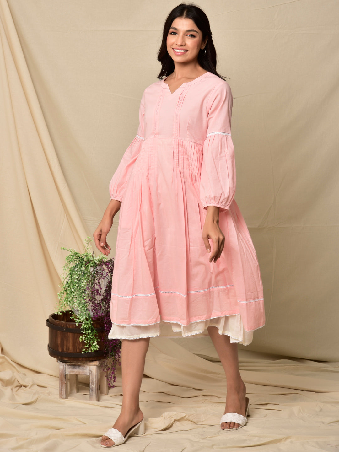 Cotton Shell Tuck Layered Dress in Blush Pink – ChhipaPrints