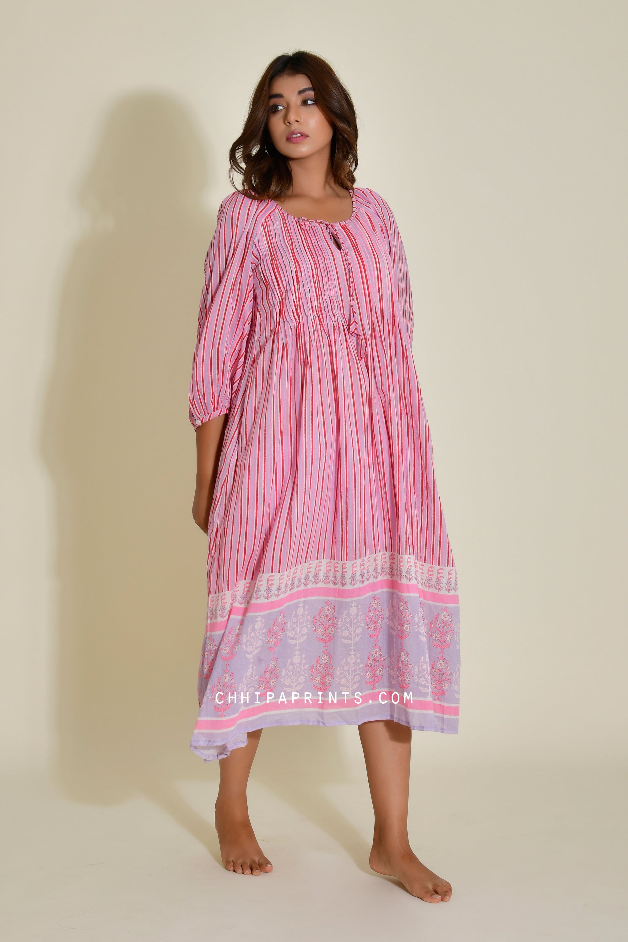 Cotton Shell tuck Midi Dress in Pink Stripe Print – ChhipaPrints